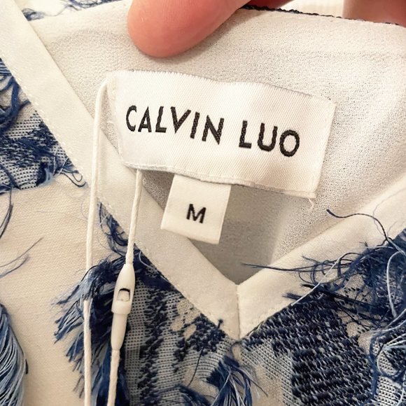 Calvin Luo | Dresses | Nwt Calvin Luo White And Blue Fringe Slip Midi ...